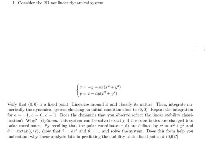 Solved 1. Consider the 2D nonlinear dynamical system | Chegg.com