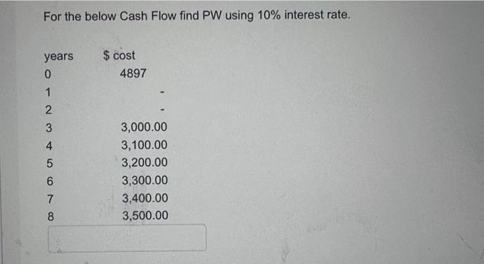 Solved For the below Cash Flow find PW using 10% interest | Chegg.com
