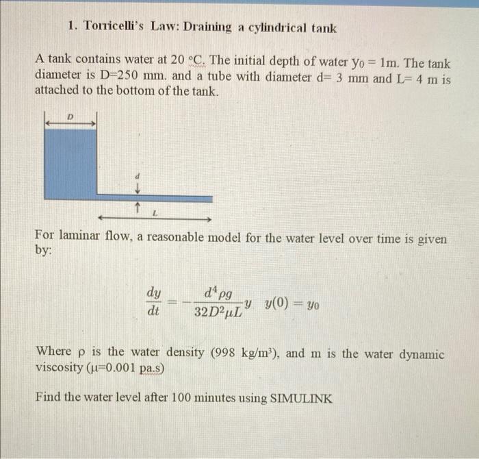 Solved A tank contains water at 20∘C. The initial depth of | Chegg.com