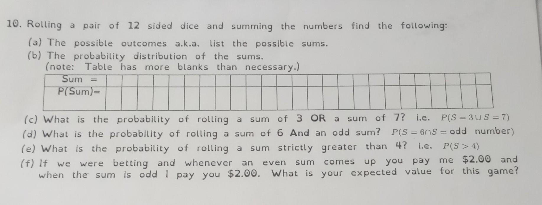 Solved 10. Rolling a pair of 12 sided dice and summing the | Chegg.com