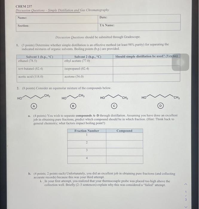 Solved CHEM 237 Discusvion Questions - Simple Distillation | Chegg.com