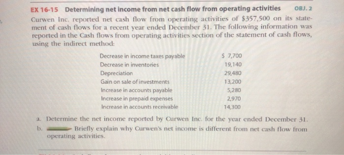 Solved EX 16-15 Determining net income from net cash flow | Chegg.com