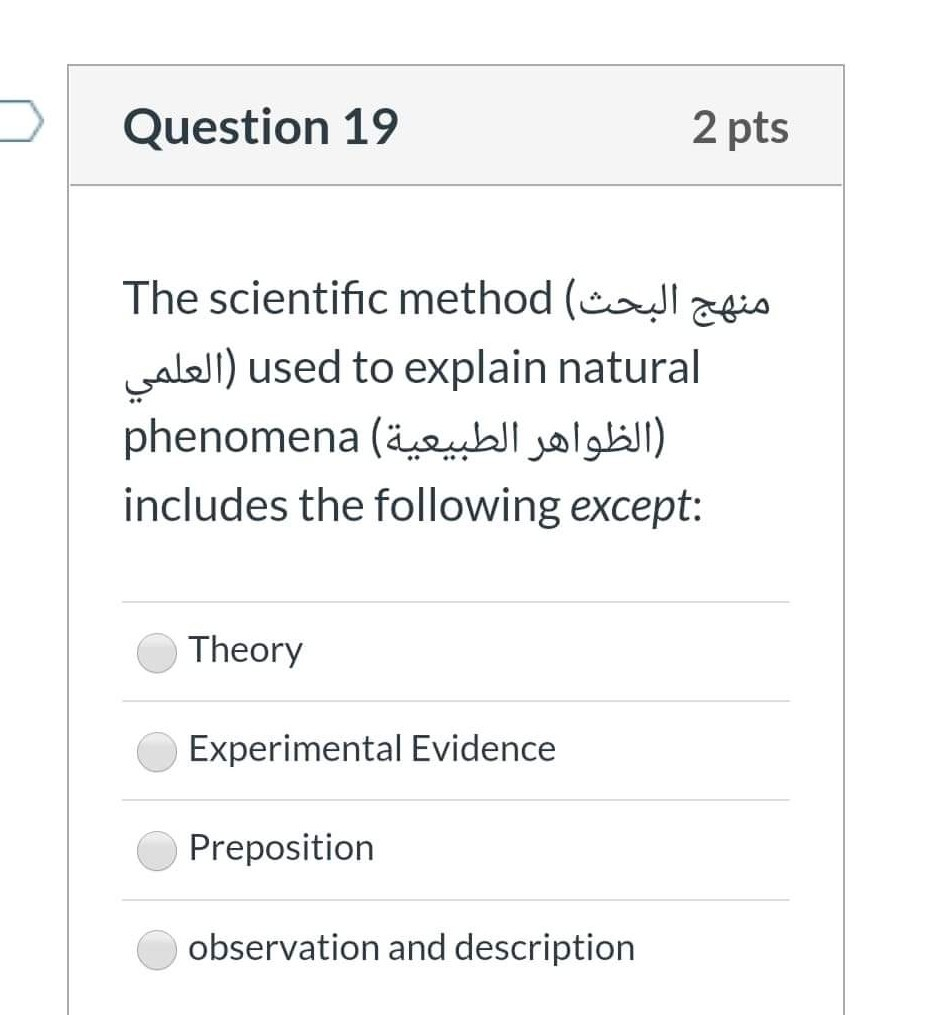 Solved Question 19 2 pts منهج البحث) The scientific method | Chegg.com