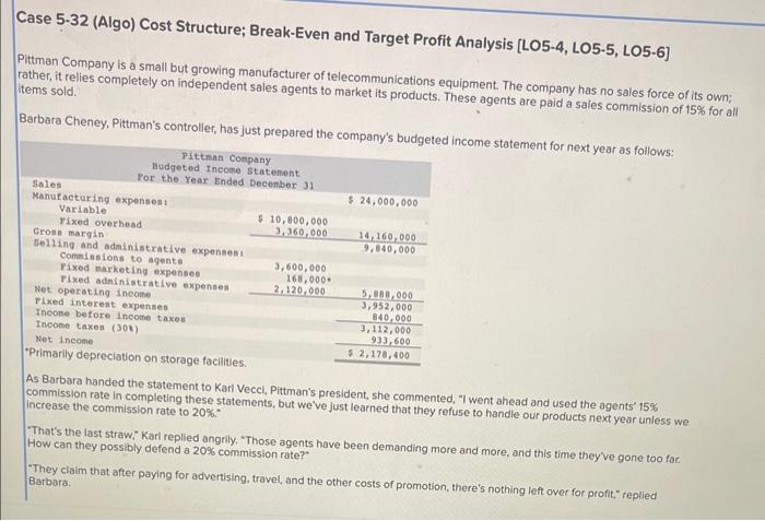 Solved Case 5-32 (Algo) Cost Structure; Break-Even and | Chegg.com