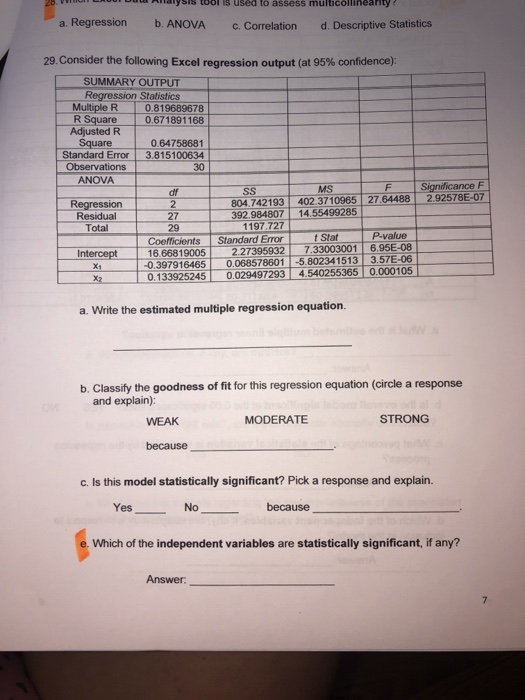 Solved 28 Is used to assess multi a. Regression b. ANOVA C. | Chegg.com