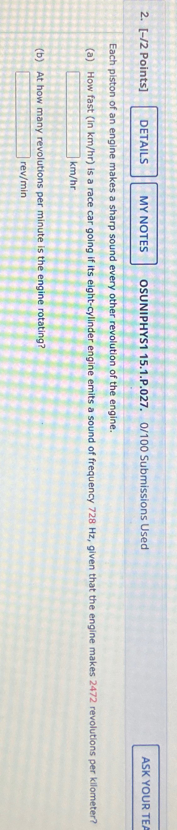 Solved Points] ﻿OSUNIPHYS1 15.1.P.027. 0/100 ﻿Submissions | Chegg.com