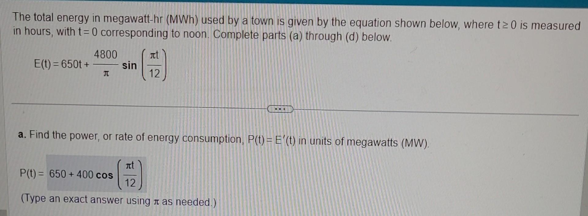 Solved The total energy in megawatt-hr (MWh) used by a town | Chegg.com