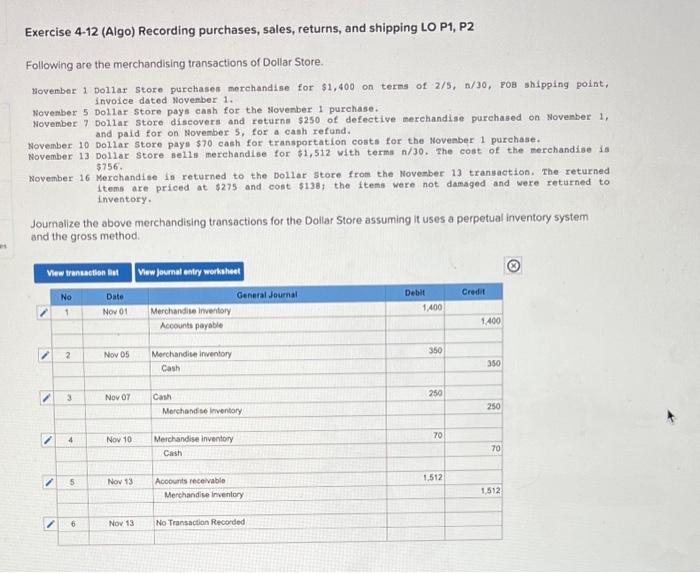 Solved Exercise 4-12 (Algo) Recording purchases, sales, | Chegg.com
