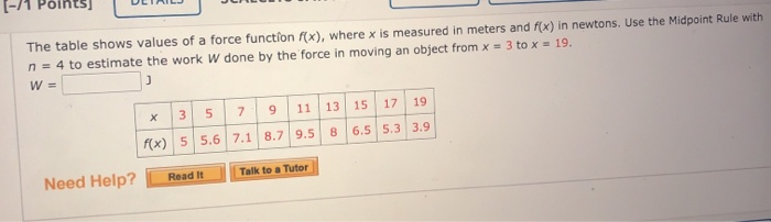 Solved The table shows values of a force function f(x), | Chegg.com