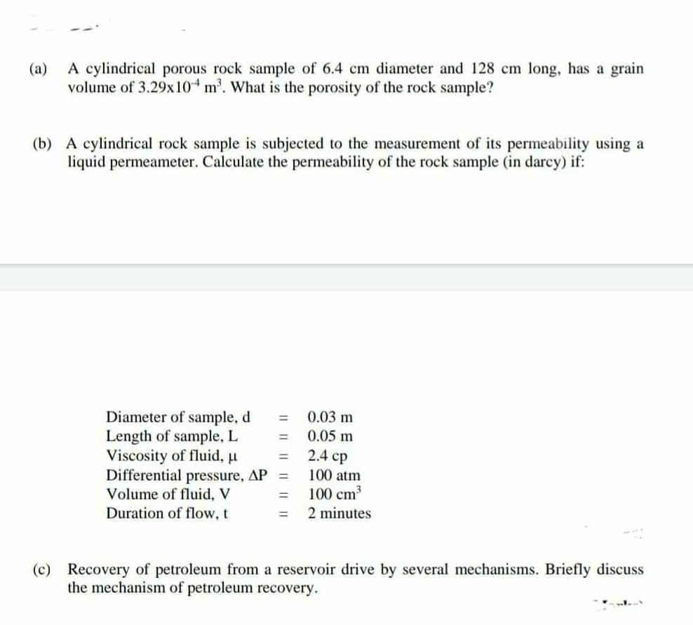 Solved (a) A cylindrical porous rock sample of 6.4 cm | Chegg.com