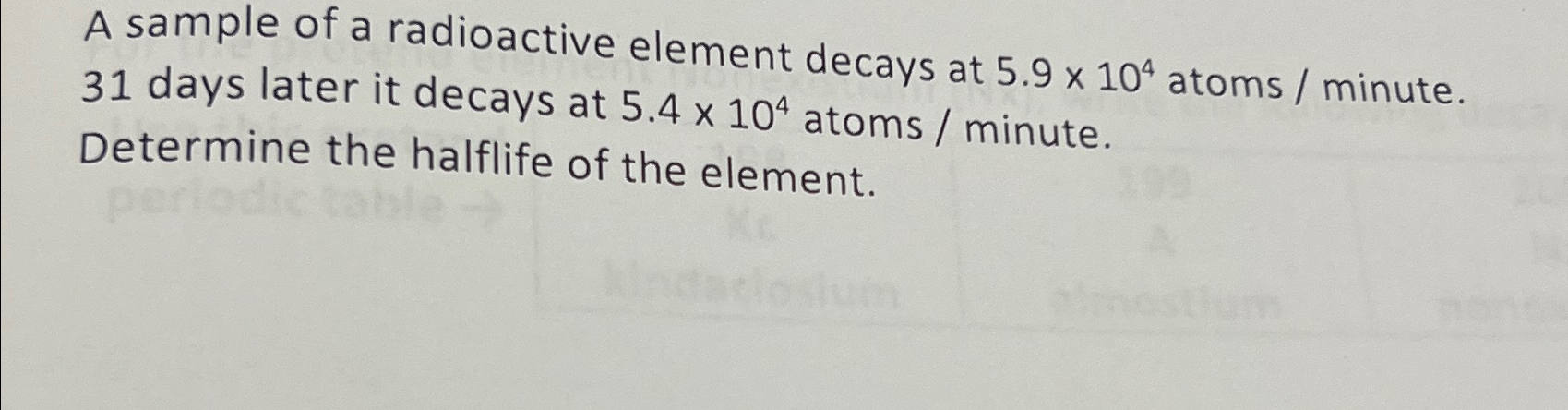 Solved A sample of a radioactive element decays at 5.9×104 | Chegg.com