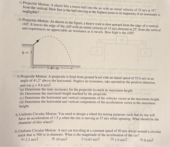 Solved 1) Projectile Motion: A player hits a tennis ball | Chegg.com