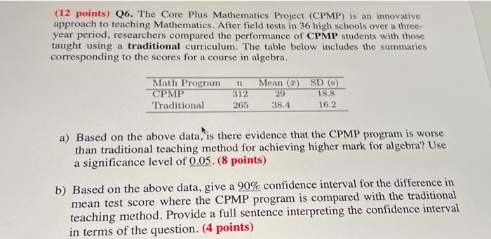 Solved (12 points) Q6. The Core Plus Mathematics Project | Chegg.com