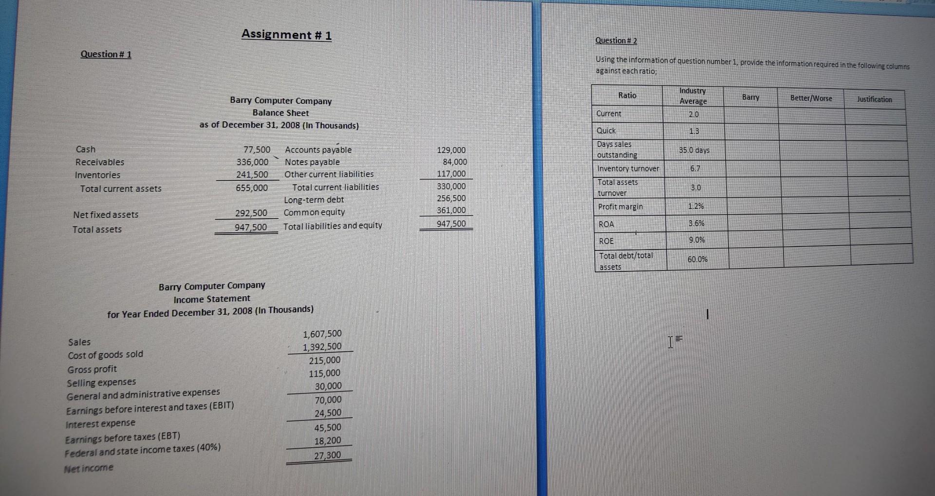 Solved Assignment \#1 Question \# 2 Using the information of | Chegg.com