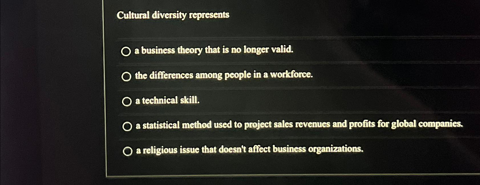 Solved by an EXPERT Cultural diversity representsa business theory that | Chegg.com