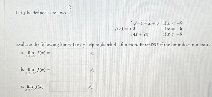 Solved Let f be defined as follows. b. lim f(x) = I-5+ c. | Chegg.com