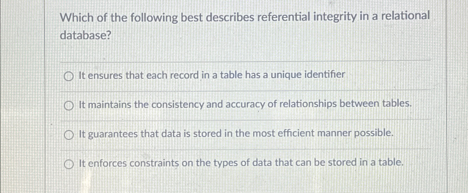 Solved Which of the following best describes referential | Chegg.com