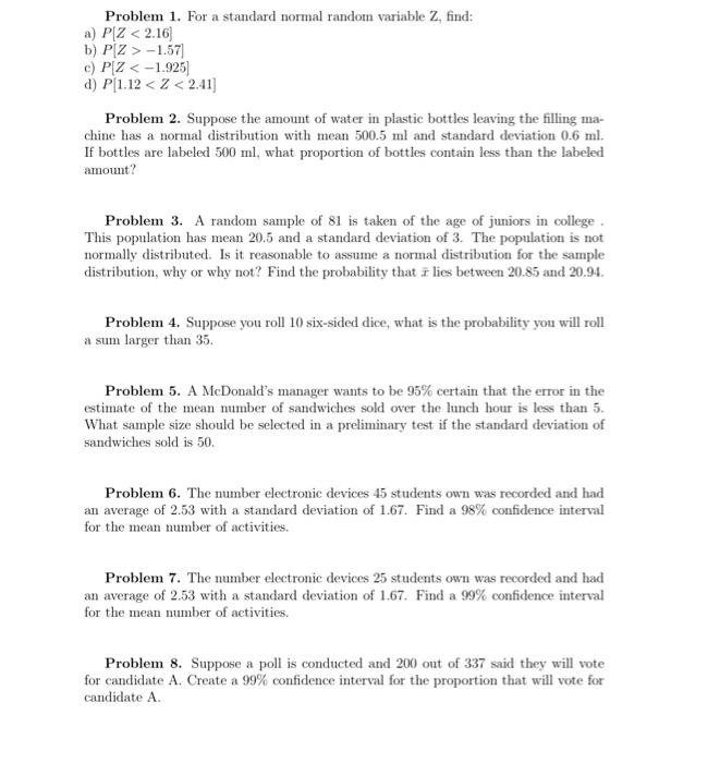 Solved Problem 1. For a standard normal random variable Z, | Chegg.com