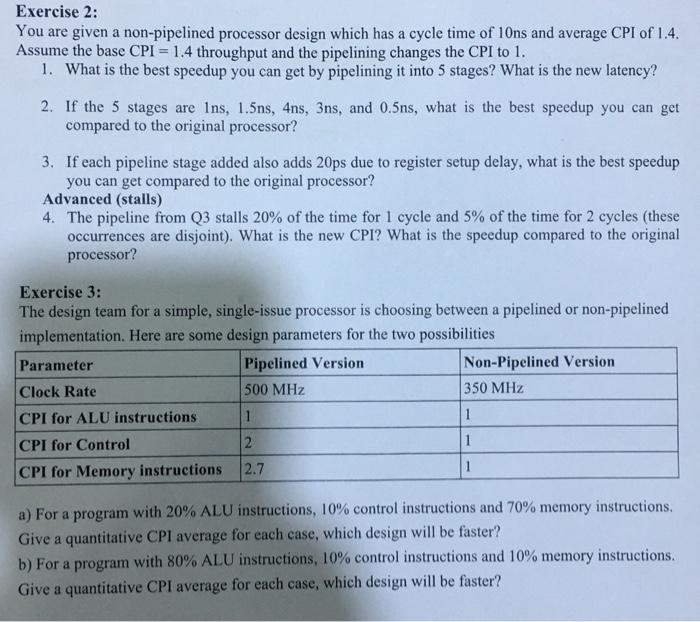 Solved Exercise 2: You are given a non-pipelined processor | Chegg.com