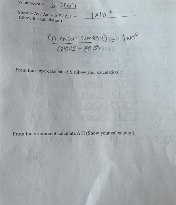 y - intercept =0.0007 Slope =Δy/Δx=ΔE/ΔT=∣×10−6 (Show | Chegg.com