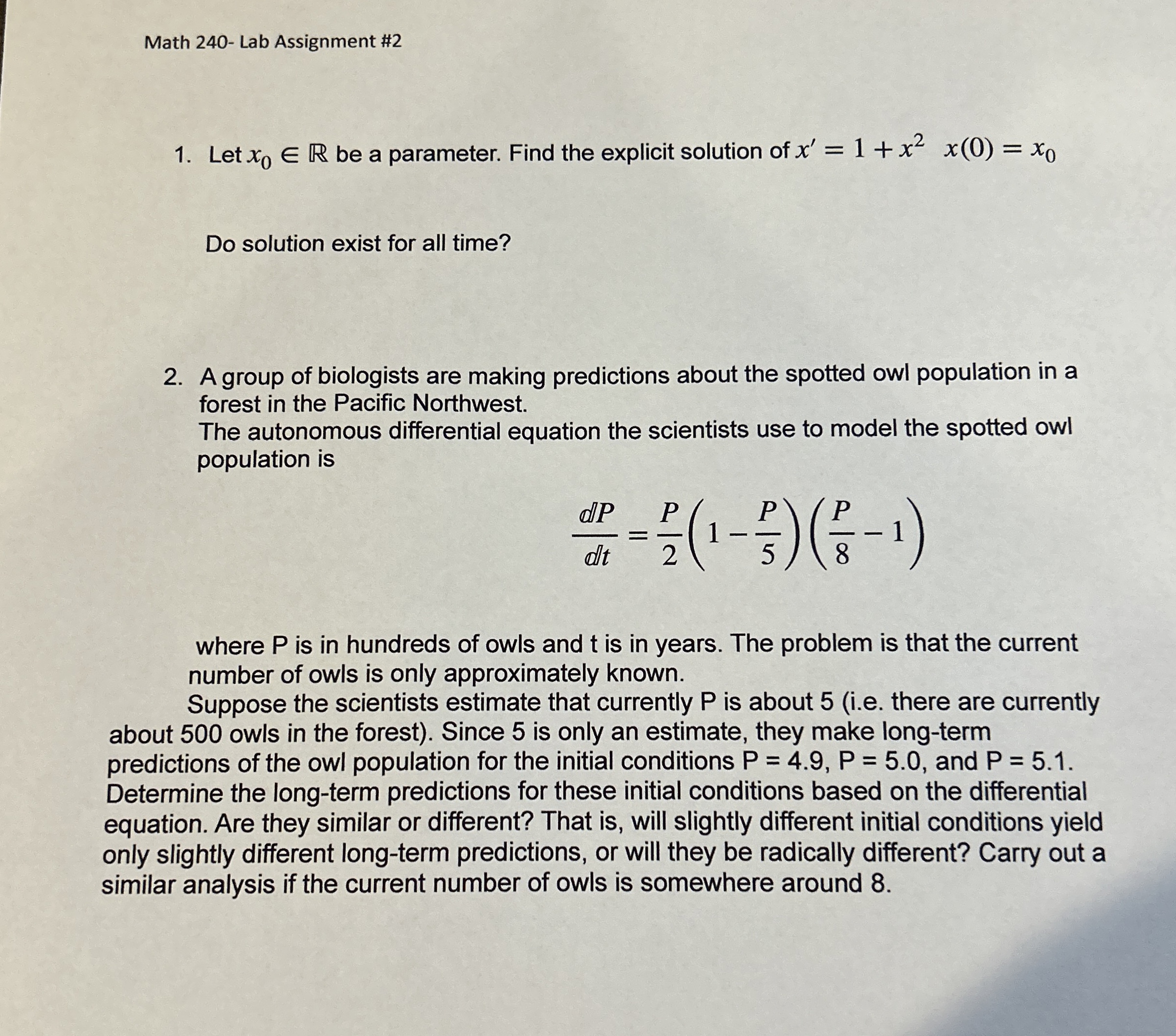 Solved Math 240- ﻿Lab Assignment #2Let x0inR be a parameter. | Chegg.com