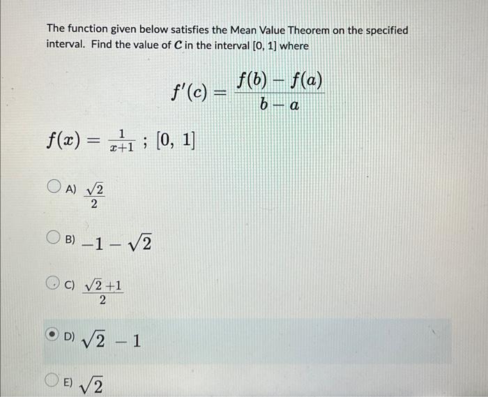 Solved The function given below satisfies the Mean Value | Chegg.com