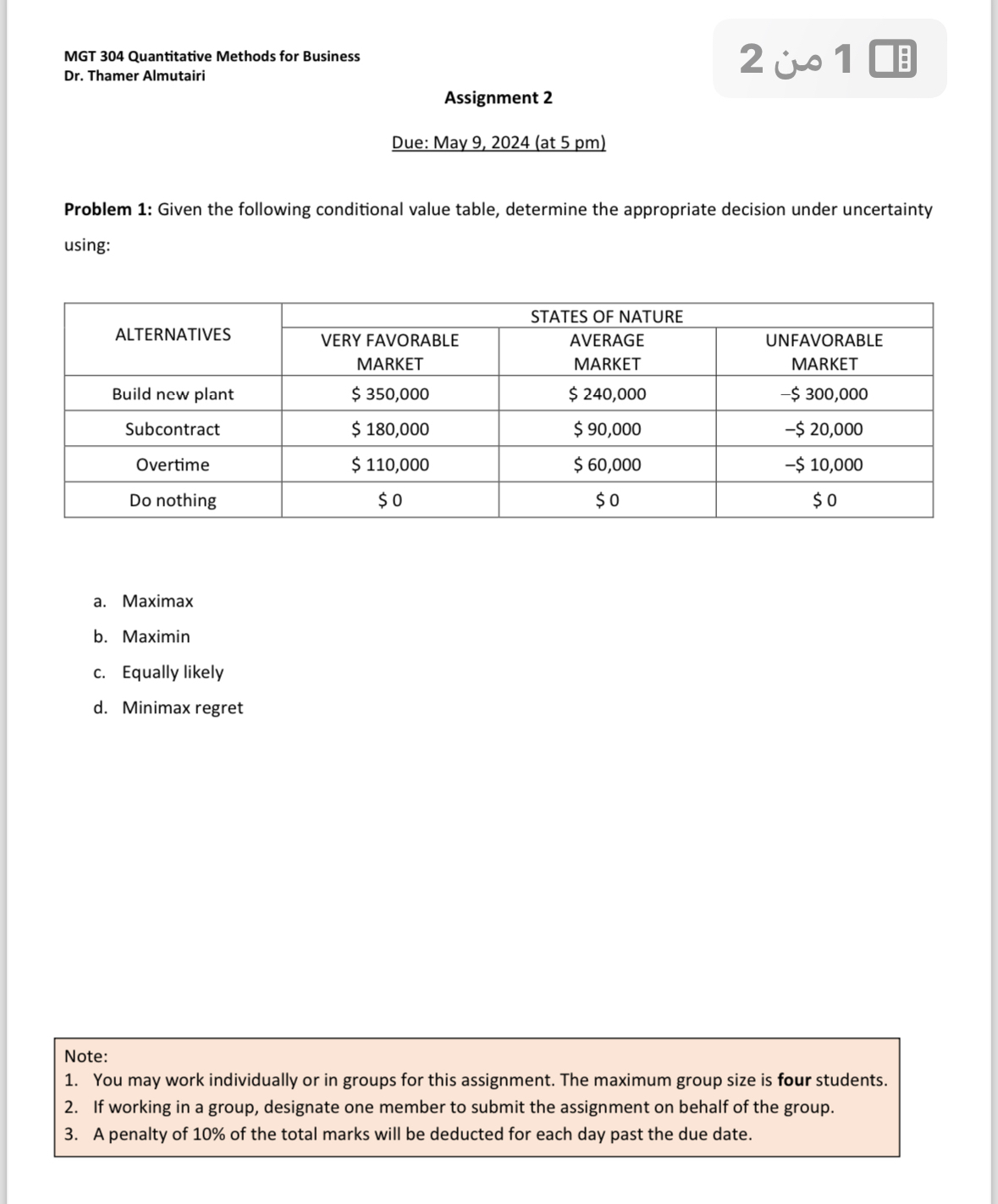 MGT 304 ﻿Quantitative Methods for BusinessDr. ﻿Thamer | Chegg.com