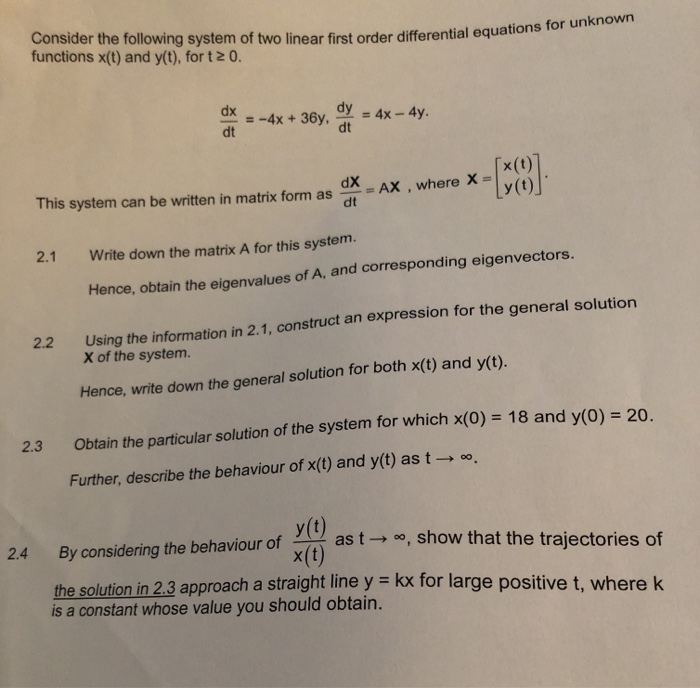 Solved Consider the following system of two linear first | Chegg.com