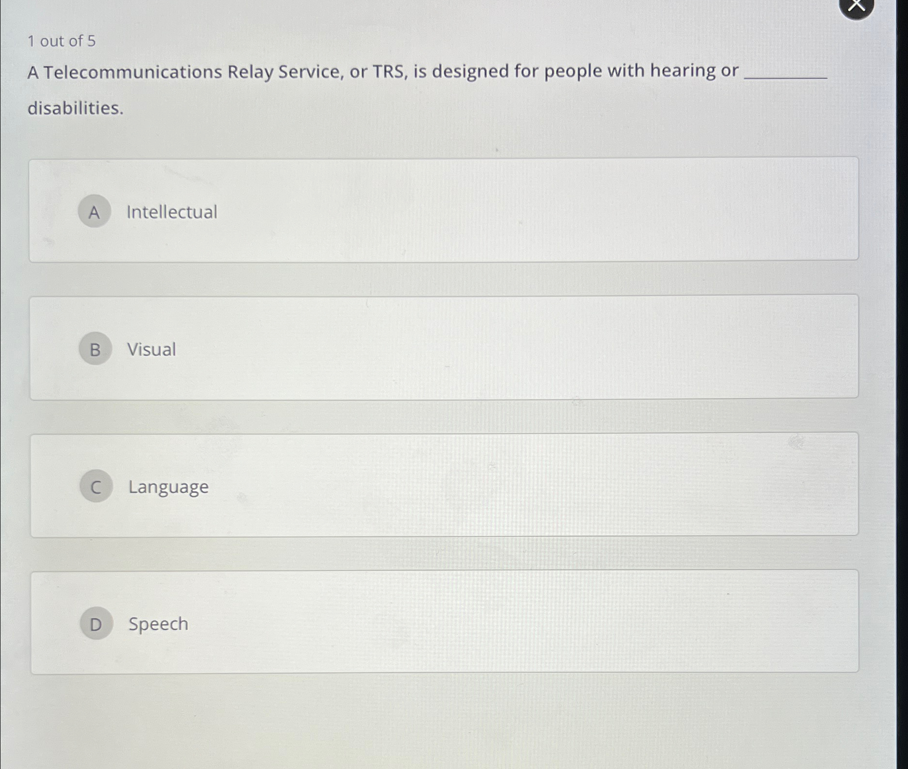 Solved 1 ﻿out of 5A Telecommunications Relay Service, or | Chegg.com