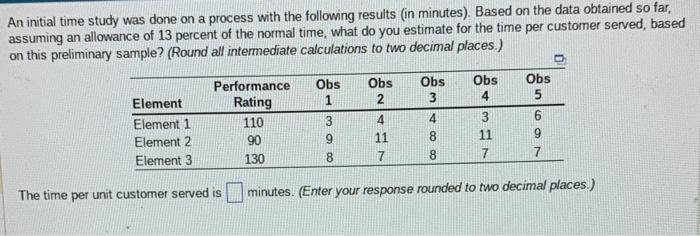 Solved An initial time study was done on a process with the | Chegg.com