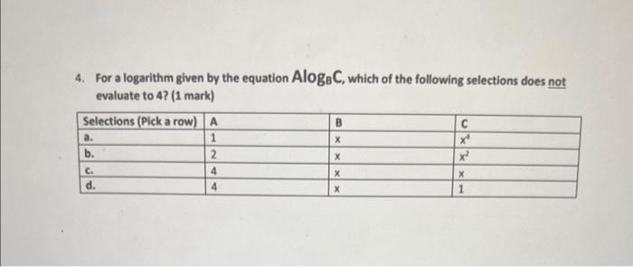 Solved 4. For a logarithm given by the equation AlogBC, | Chegg.com