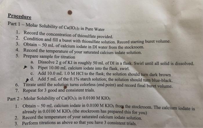 Solved Experiment 9: K2p of Calcium Iodate, Ca(TO3)2 Purpose | Chegg.com