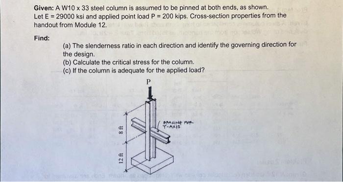 Solved Given: A W10 ×33 steel column is assumed to be pinned | Chegg.com