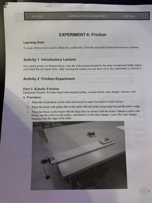 Solved PHY 1310 GENERAL PHYSICS LABORATORY I PHY 1610 | Chegg.com