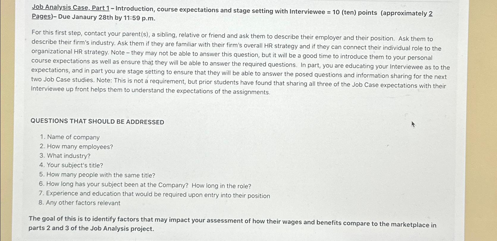 Solved Job Analysis Case, Part 1 - ﻿Introduction, course | Chegg.com
