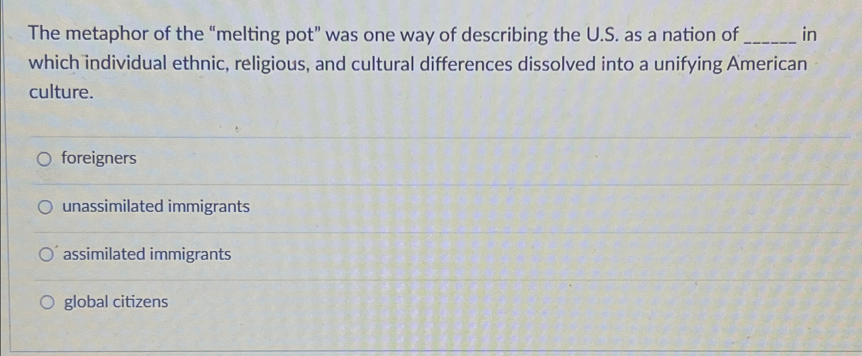 Solved The metaphor of the "melting pot" was one way of | Chegg.com