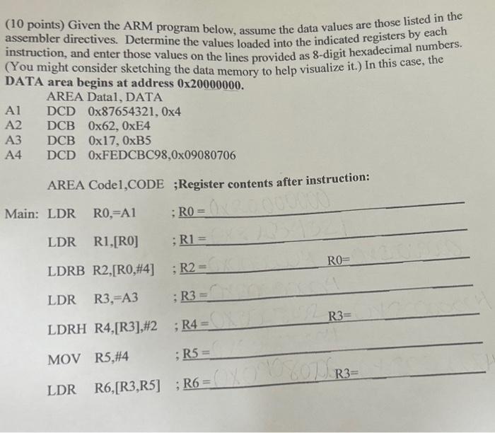 Solved (10 points) Given the ARM program below, assume the | Chegg.com
