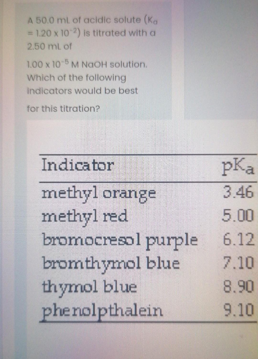 Solved A 50.0 mL of acidic solute (Ka = 1.20 x 10-2) is | Chegg.com