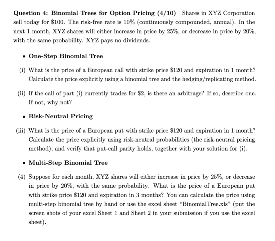 Solved Question 4: Binomial Trees for Option Pricing (4/10) | Chegg.com