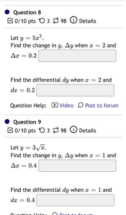 Solved Question 8 B0/10 pts 398 Details Let y = 5x2. Find | Chegg.com Solved Question 8 B0/10 pts 398 Details Let y = 5x2. Find | Chegg.com