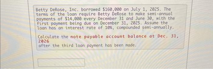 Solved Betty DeRose, Inc. borrowed $160,000 on July 1,2025 . | Chegg.com
