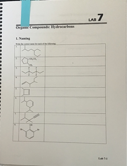 Solved LAB 7 Organic Compounds: Hydrocarbons 1. Naming Write | Chegg.com