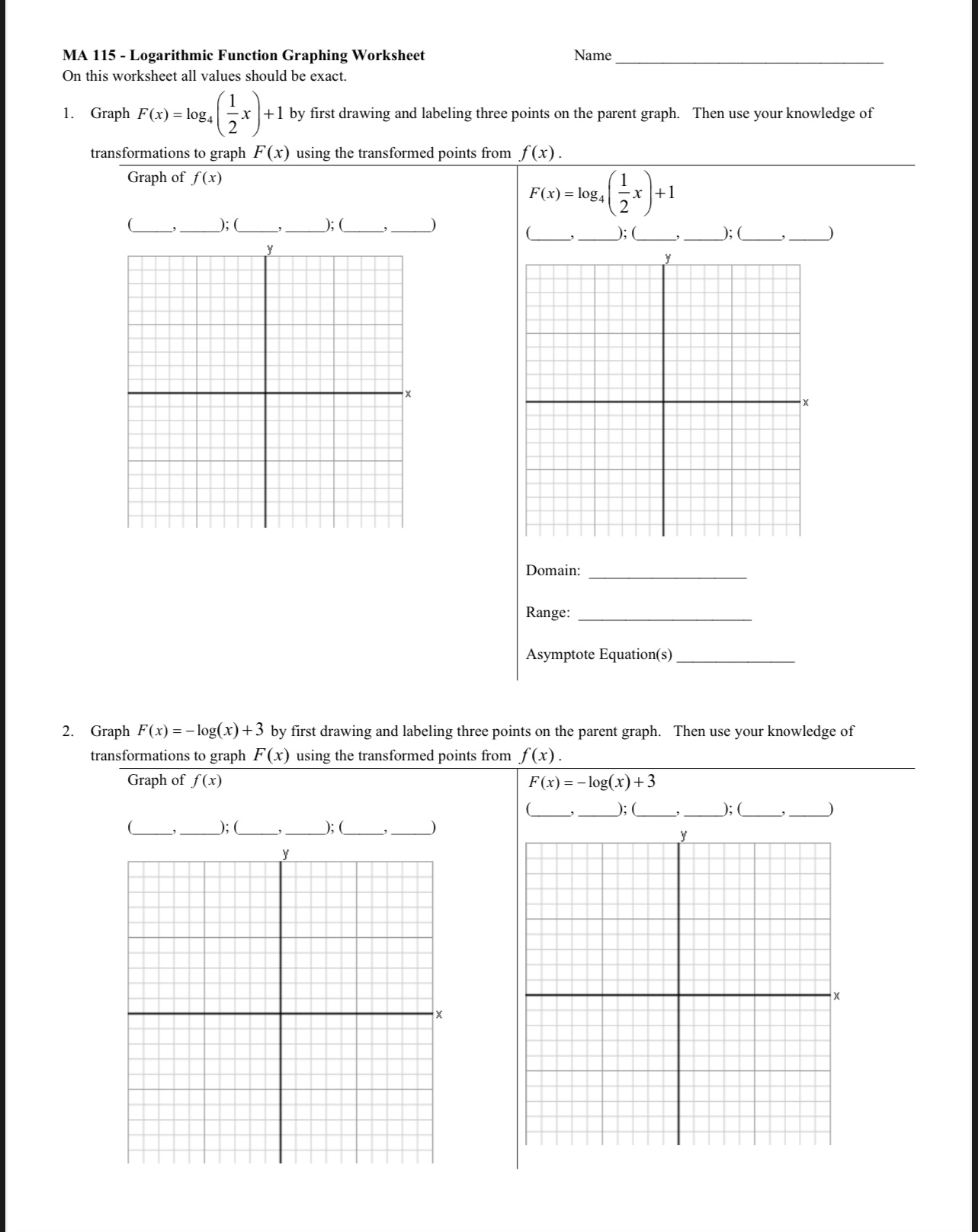 Solved MA 115 - ﻿Logarithmic Function Graphing | Chegg.com