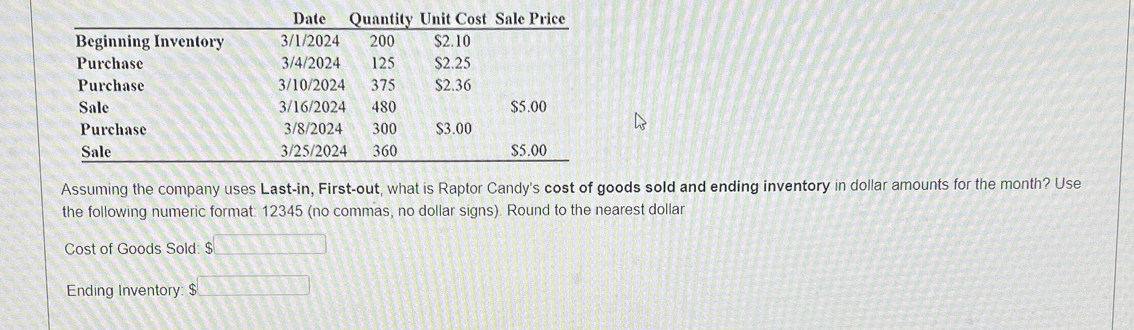 Solved \table[[,Date,Quantity,Unit Cost Sale | Chegg.com