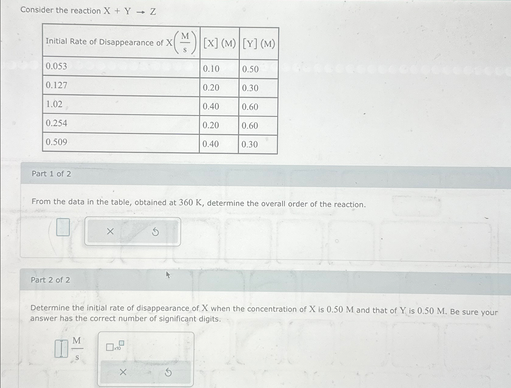 Solved Consider the reaction x+Y→Z\table[[Initial Rate of | Chegg.com