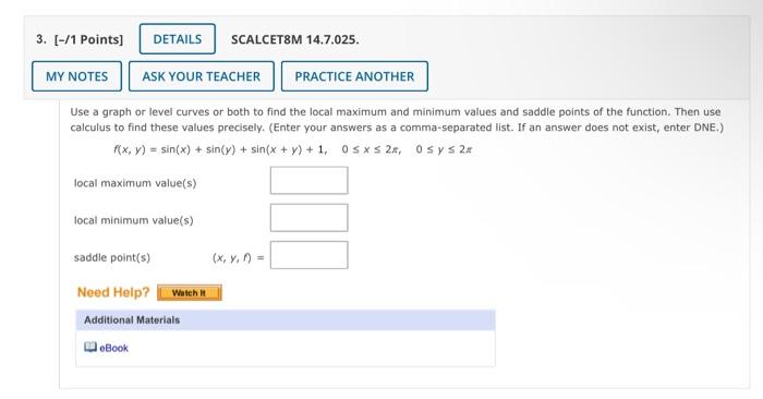 Solved 3. (-/1 Points) DETAILS SCALCET8M 14.7.025. MY NOTES | Chegg.com