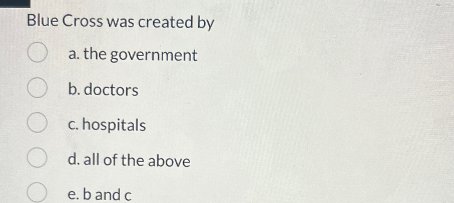 Solved Blue Cross was created bya. ﻿the governmentb. | Chegg.com