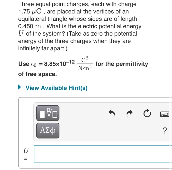 Solved Three equal point charges, each with charge 1.75 uC , | Chegg.com