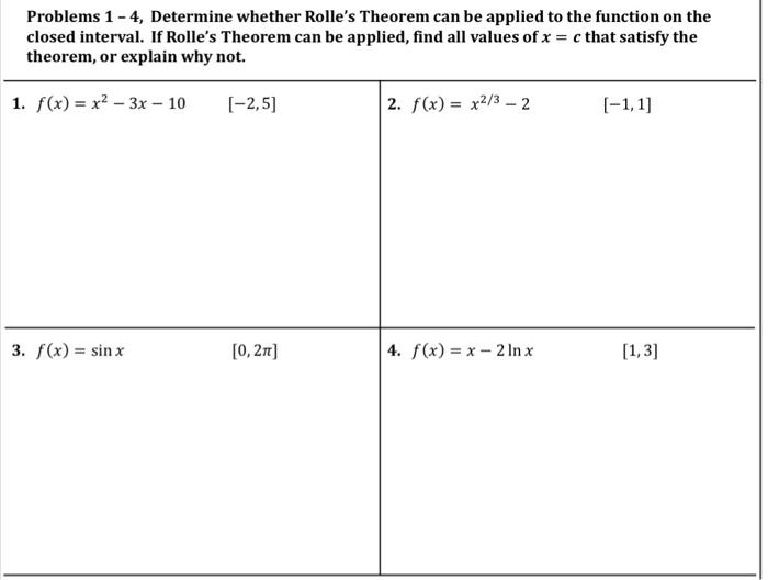 Solved Problems 1 - 4, Determine whether Rolle's Theorem can | Chegg.com