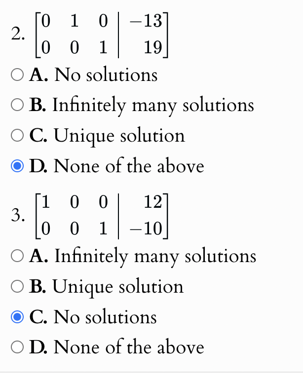 Solved [010-1300119]A. ﻿No solutionsB. ﻿Infinitely many | Chegg.com
